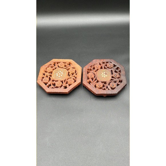 Kitchen | Vintage Carved Wooden Trivets With Inlay | Poshmark